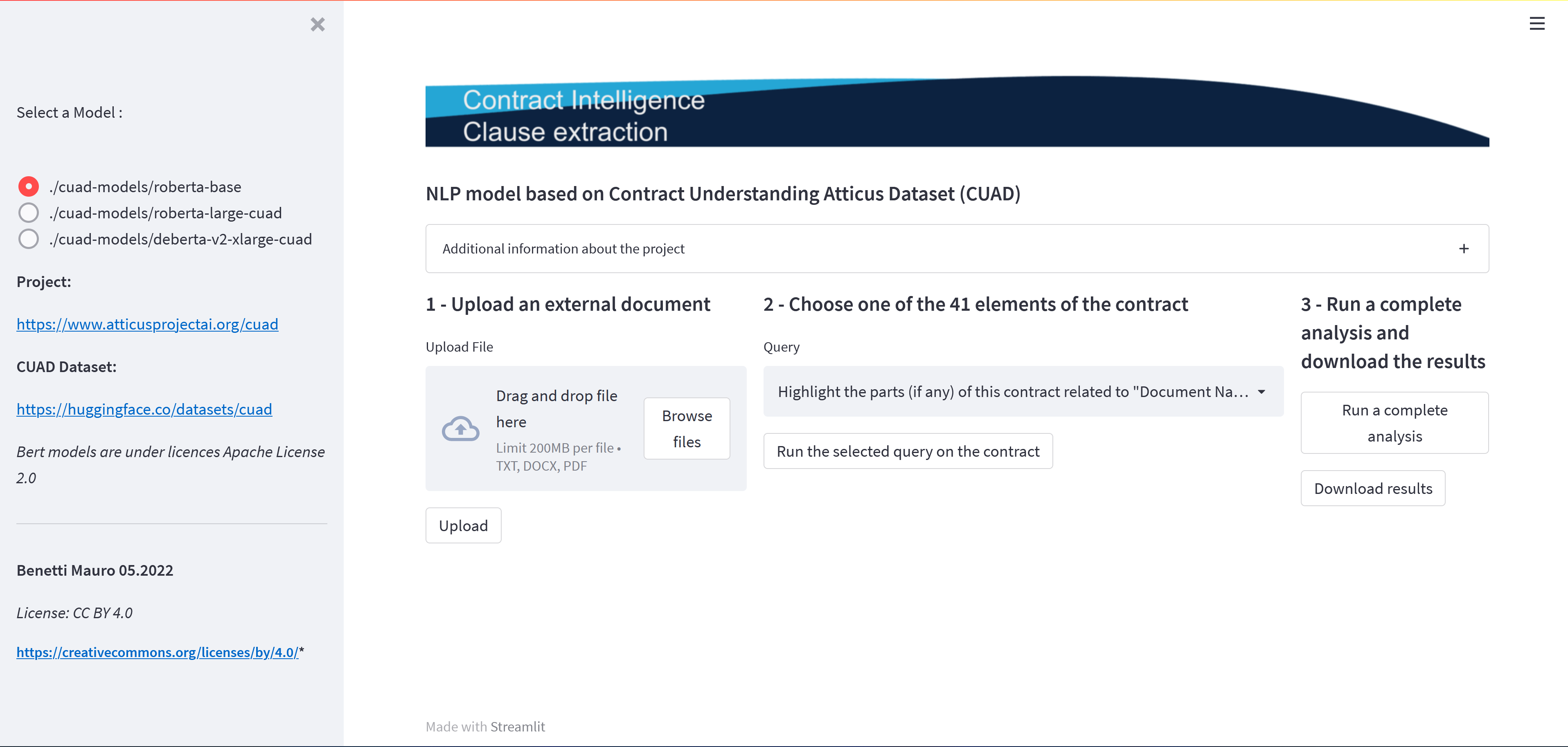 GitHub - mbenetti/docker-bert-cuad: Streamlit container with Bert trained on CUAD dataset from ...