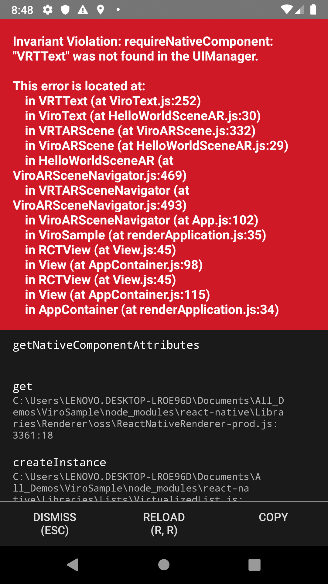 AR Initiation Error: Invariant Violation: requireNativeComponent: "VRTText" was not found. VR ...