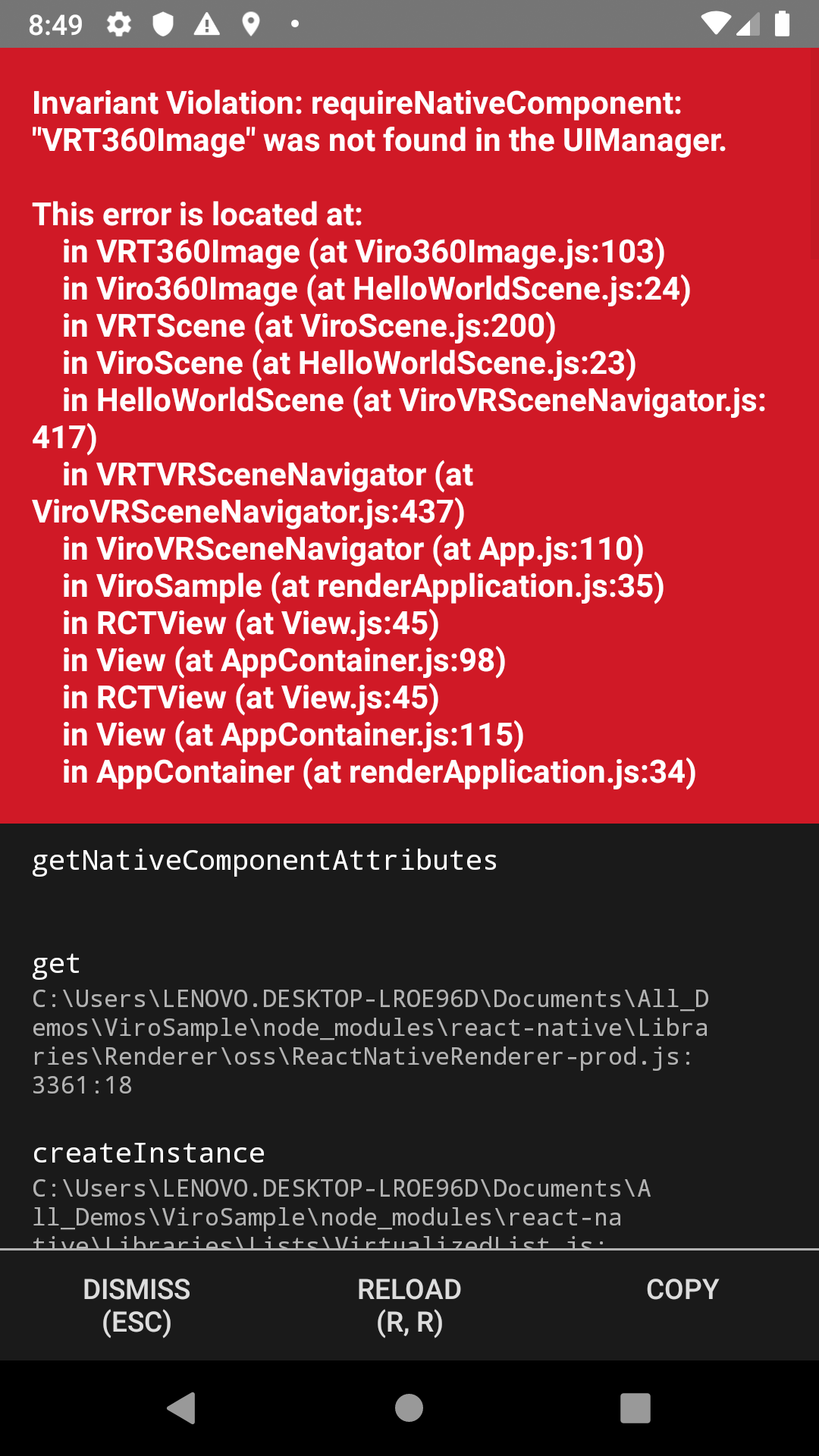 AR Initiation Error: Invariant Violation: requireNativeComponent: "VRTText" was not found. VR ...