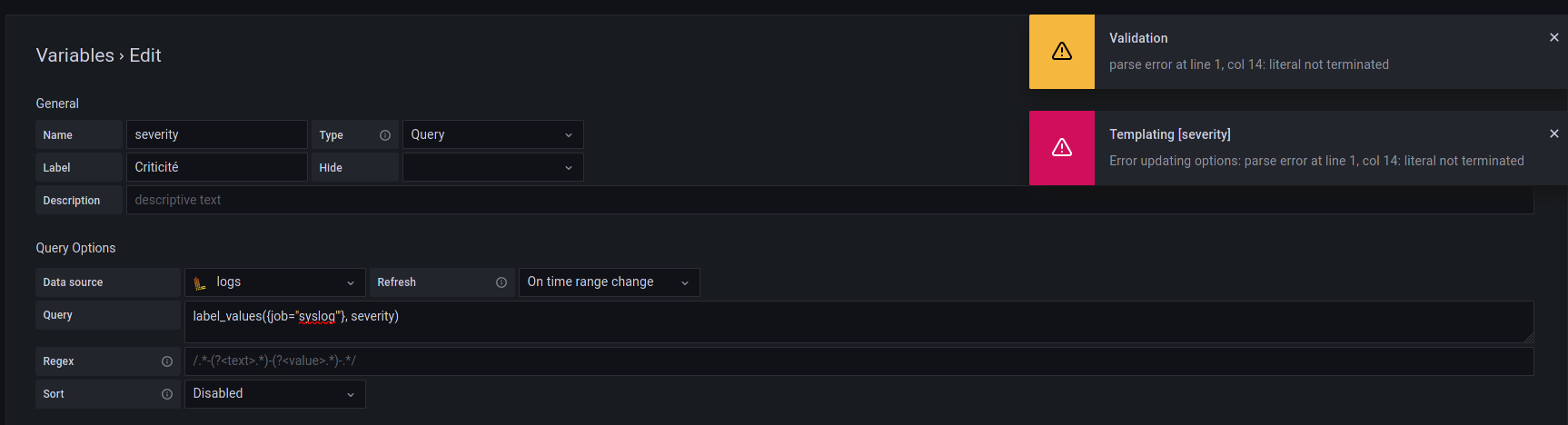 [Loki] Impossible to create a variable with label_values(log stream selector, label) · Issue ...