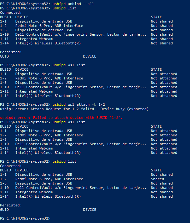usbip: error: Attach Request for 1-2 failed - Device busy (exported ...