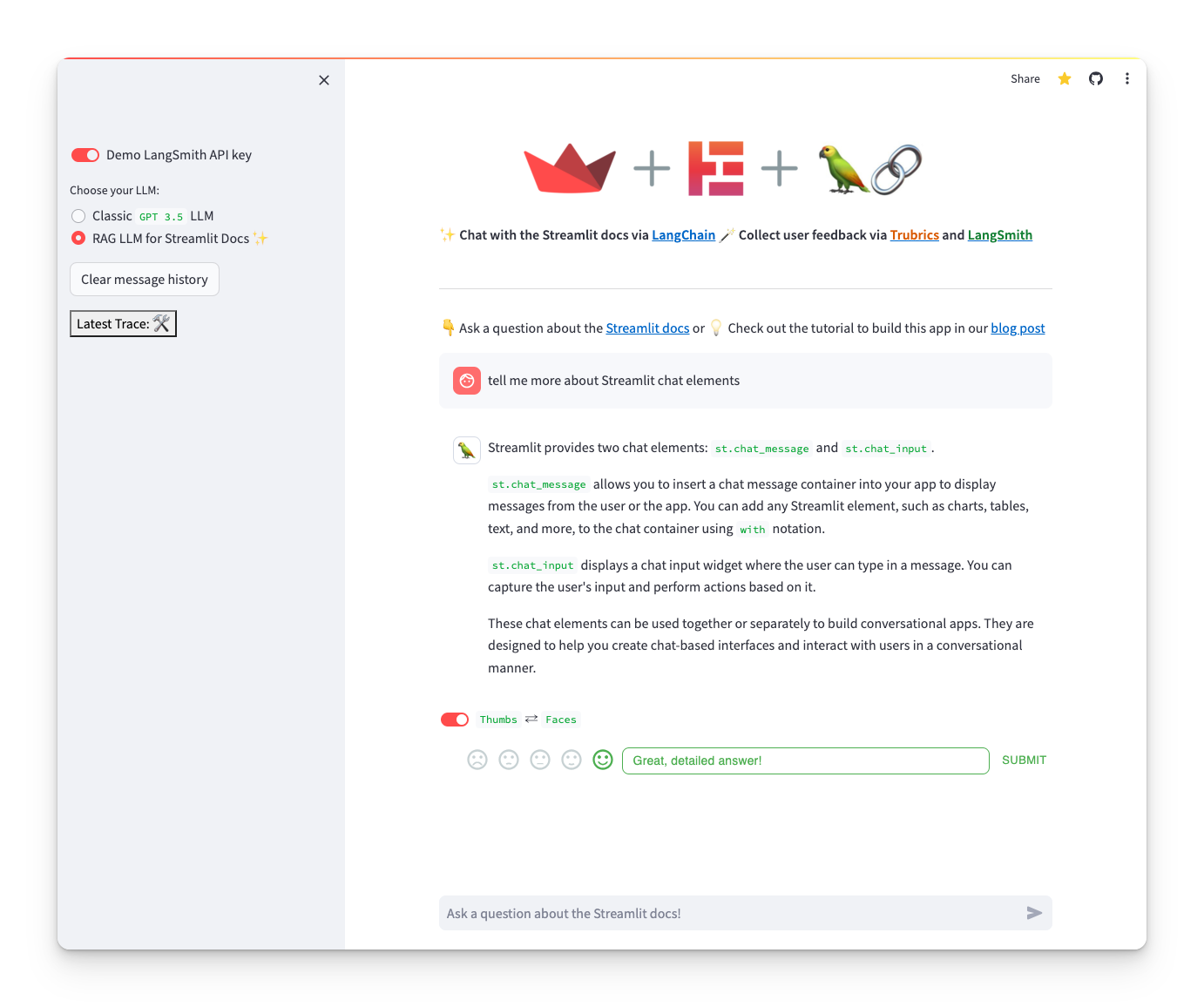 GitHub - CharlyWargnier/LangchainRAG-Trubrics-Langsmith