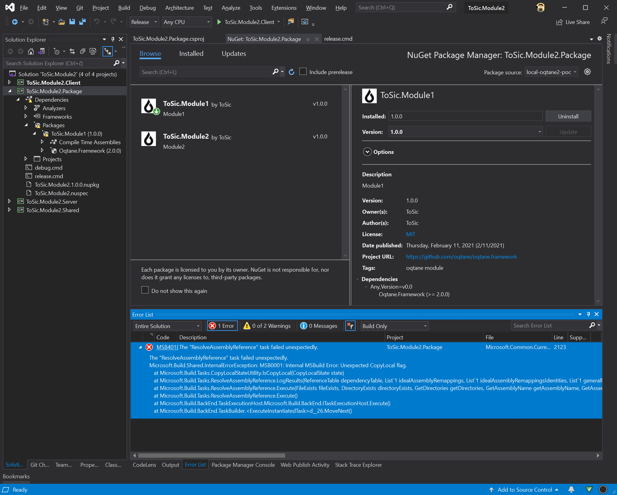 The "ResolveAssemblyReference" task failed unexpectedly when adding oqtane module nupkg as ...