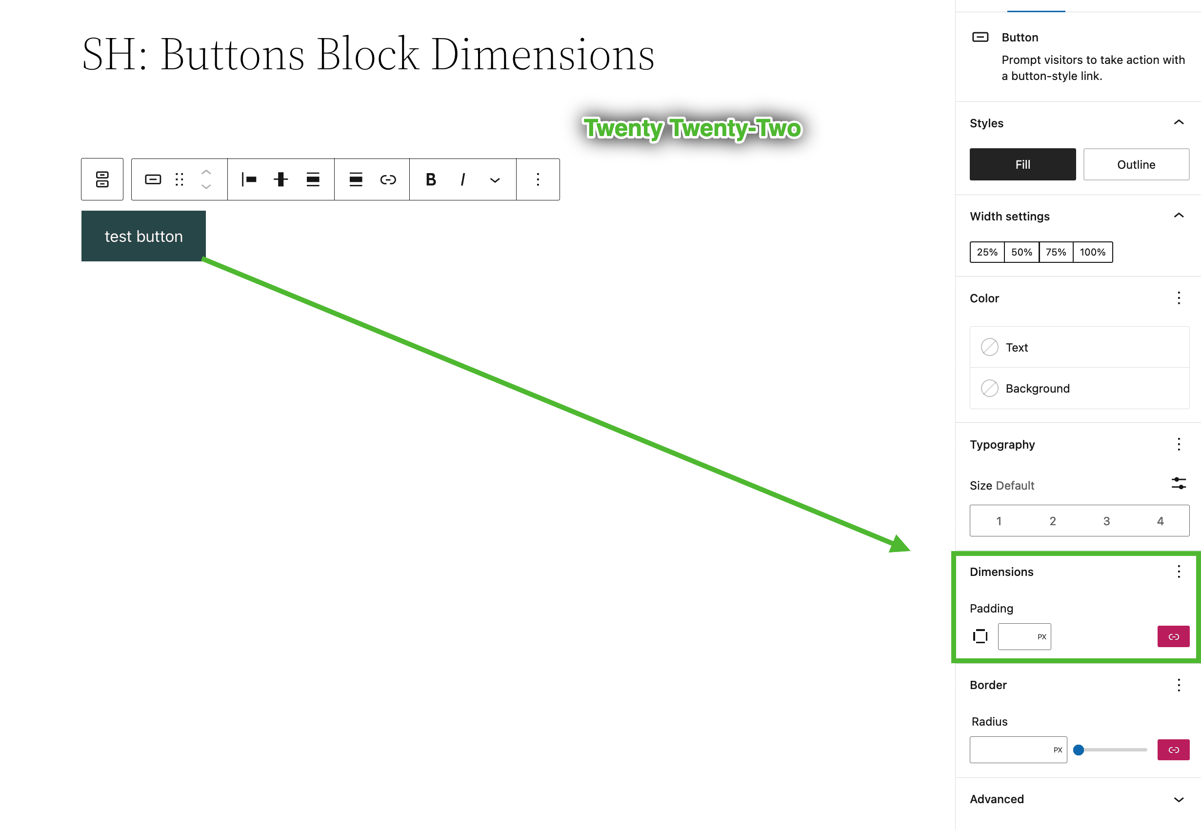 Older Themes: Buttons block missing Dimensions section · Issue #6155 · Automattic/themes · GitHub