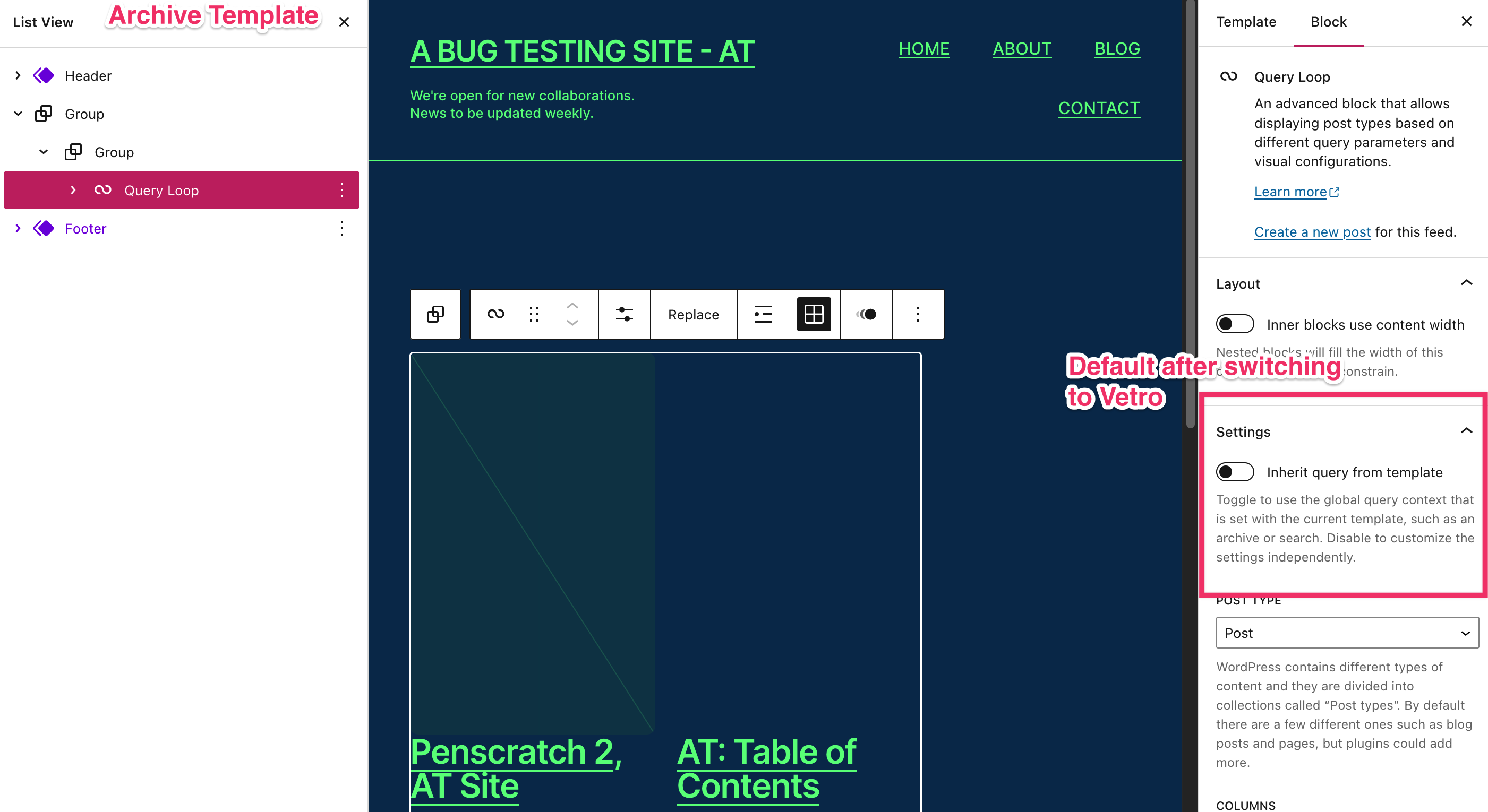 Vetro: Archive Template has Query Loop Block set to display Posts only · Issue #7023 ...
