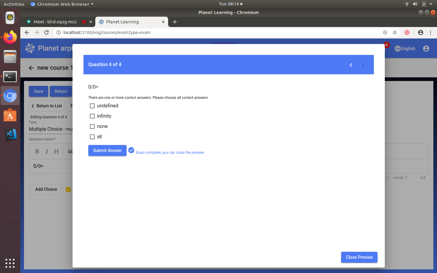 Preview test on completion shows "Exam complete......" message · Issue ...
