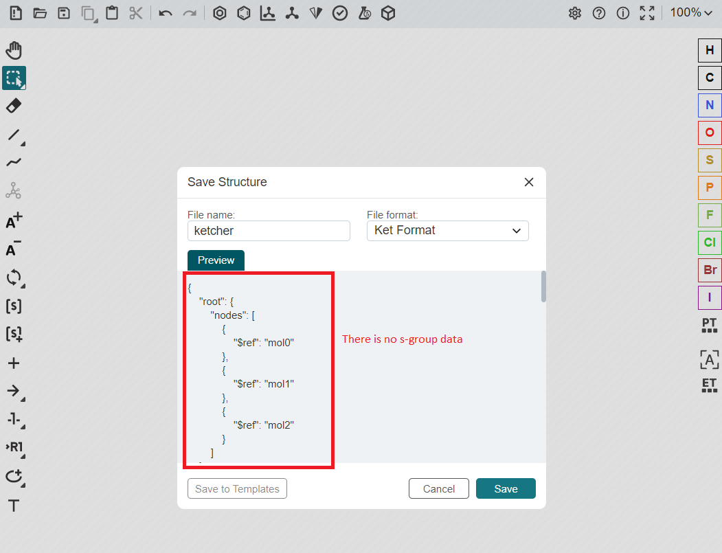 S-Groups that combine multiple molecules get lost when saving as Ket ...