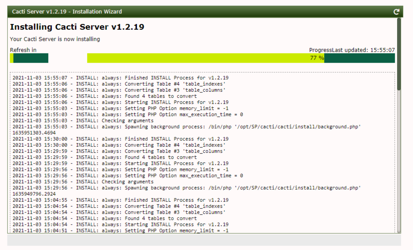 cacti upgrade to 1.2.19 getting stuck at 77% progress · Issue #4454 · Cacti/cacti · GitHub