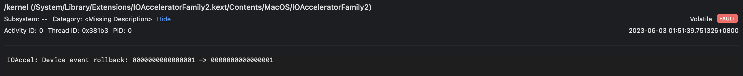 MacOS console log : IOAccel: Device event rollback: 0000000000000001 -> 0000000000000001 · Issue ...