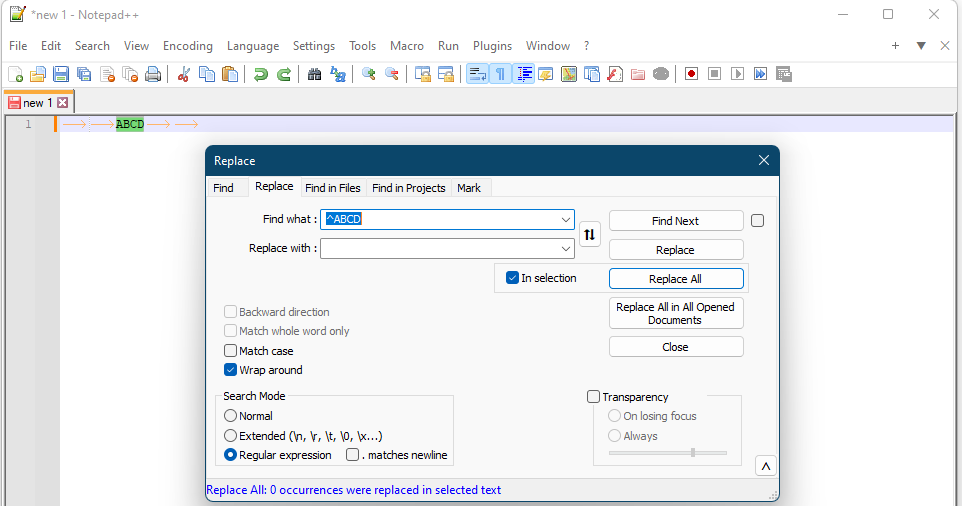 Regex For Selection Is Not Matched At The Start Of The Selection · Issue 12648 · Notepad Plus