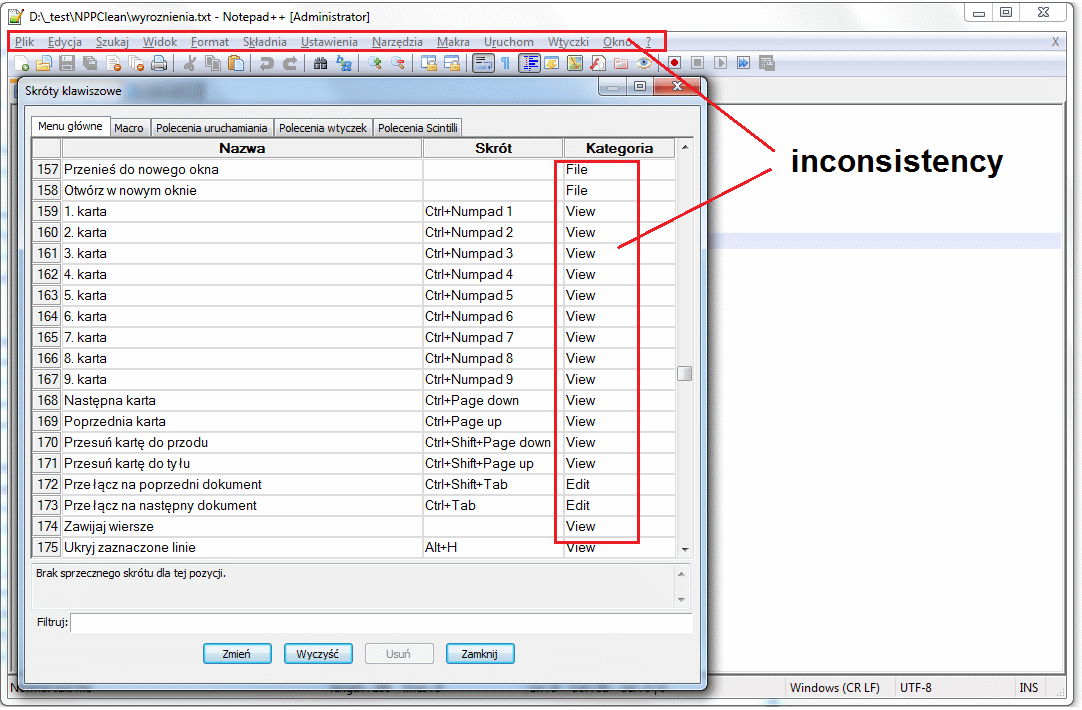 Entries from Category column in the Shortcut Mapper window should be ...