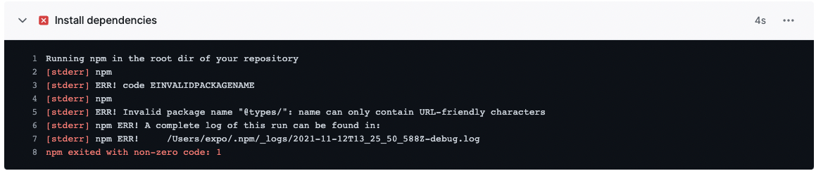 ERR! Invalid package name "@types/": name can only contain URL-friendly ...