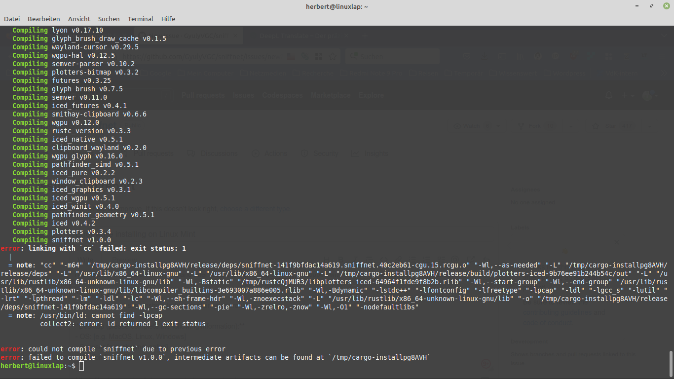 Error while installing on Linux Mint 19.3 · Issue #22 · GyulyVGC/sniffnet · GitHub