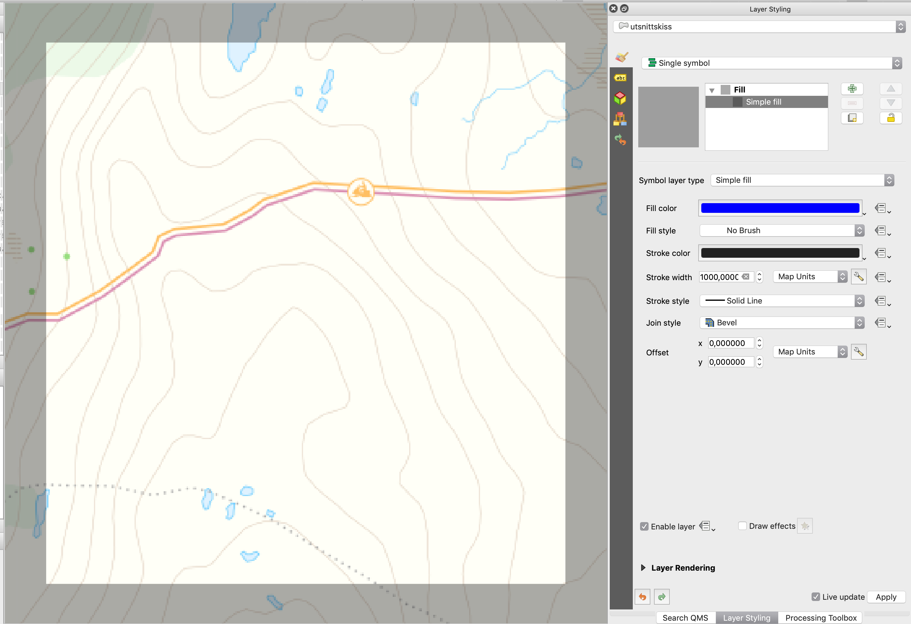 Polygon with Map Units width shows up in the corner of the canvas when ...