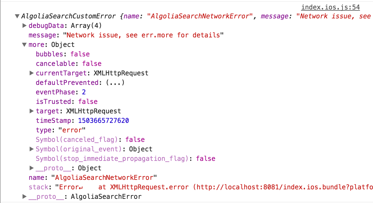 AlgoliaSearchNetworkError without more information is thrown when appId or apiKey is wrong ...