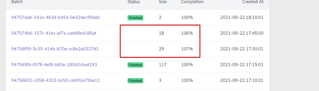 Some batches does not have "finished" badge when actually finished, have "-1" pending jobs and ...