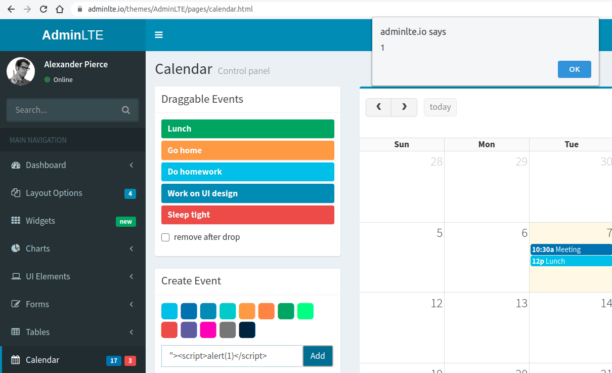 [BUG] XSS on calendar page · Issue #2867 · ColorlibHQ/AdminLTE · GitHub