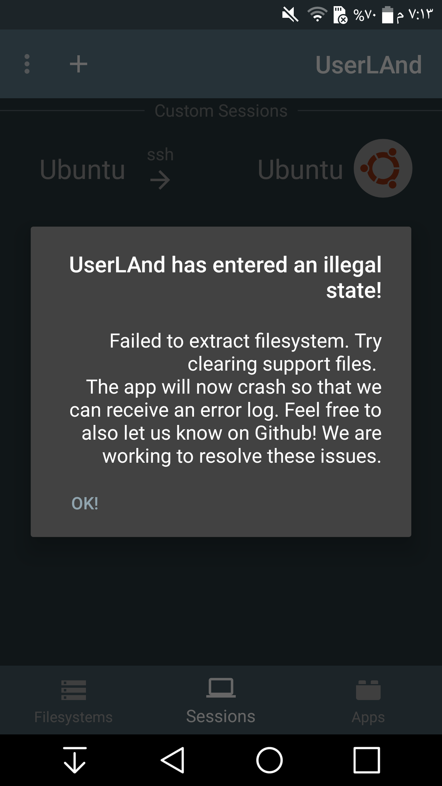 Failed to extract filesystem (Beta version) · Issue #634 · CypherpunkArmory/UserLAnd · GitHub