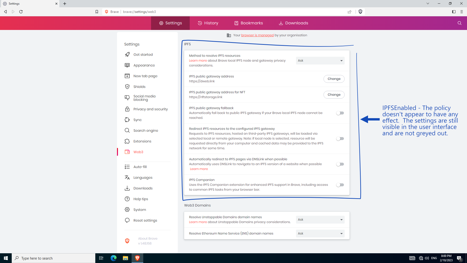 "IPFSEnabled" Brave Group Policy Setting Not Working · Issue #28445 · brave/brave-browser · GitHub