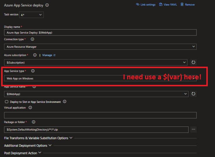AzureRmWebAppDeploymentV4 not allow use a var on App Service type for use on Task Groups · Issue ...
