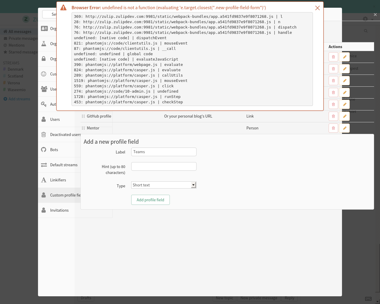 Fix nondeterministic Casper failure with custom profile fields · Issue #12598 · zulip/zulip · GitHub