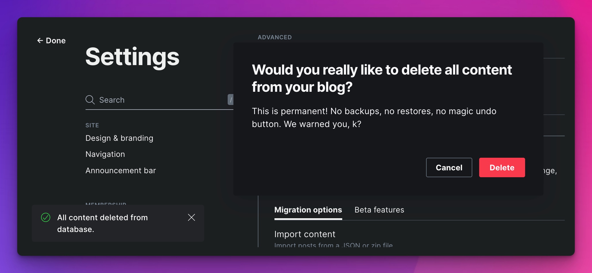 "Delete all content" modal doesn't automatically disappear upon ...