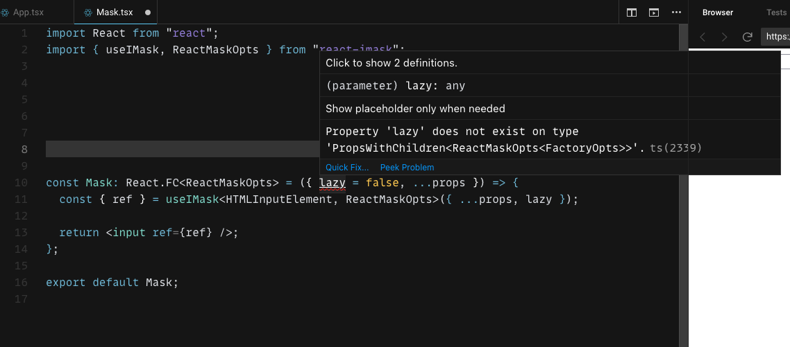 Property 'lazy' does not exist on type 'ReactMaskOpts'. · Issue #944 · uNmAnNeR/imaskjs · GitHub