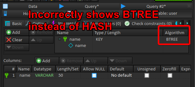 Index algorithm always shows as BTREE in HeidiSQL despite being HASH in MariaDB · Issue #1395 ...