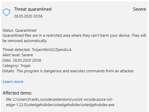 Trojan detected in Azure IoT Tools extension · Issue #98791 · microsoft/vscode · GitHub