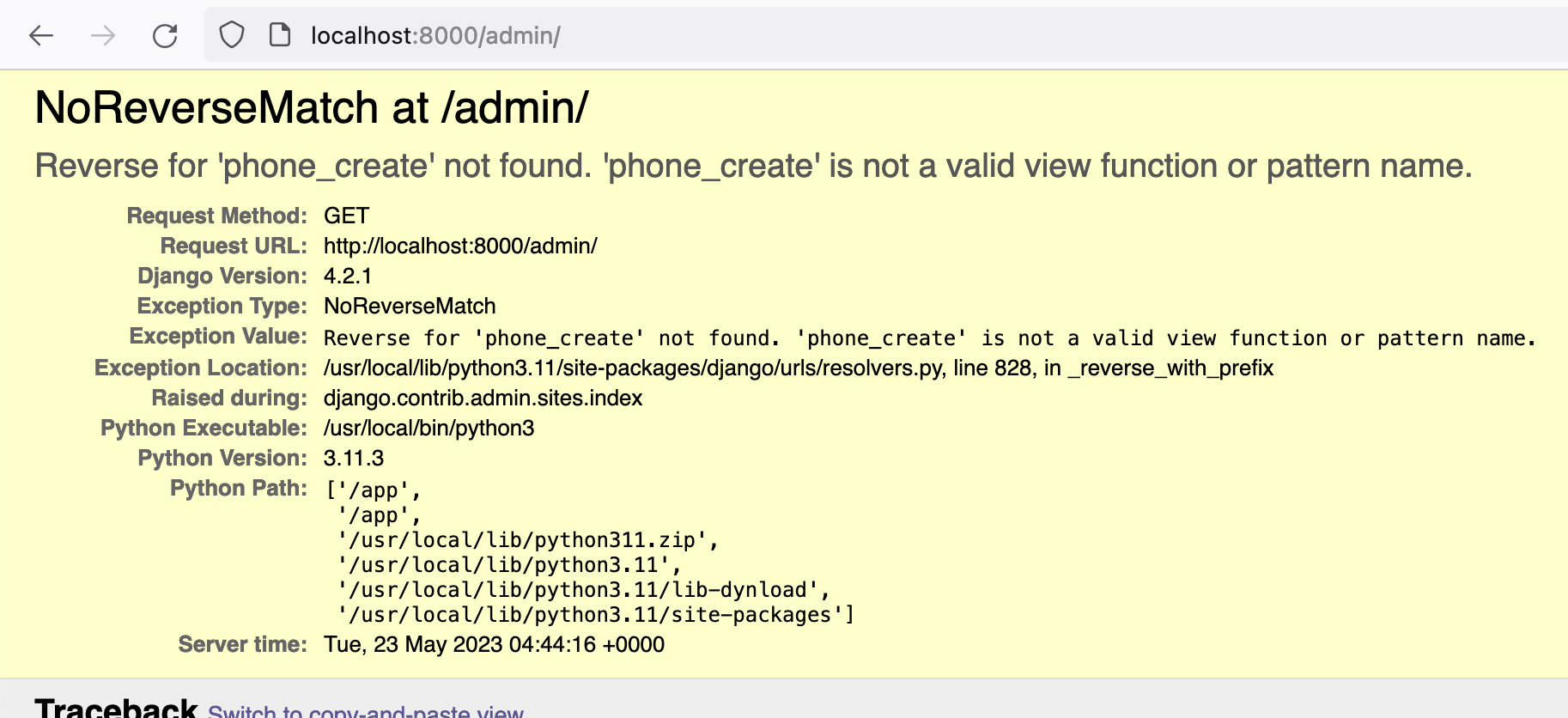 Django Admin Error Reverse For Phonecreate Not Found Phonecreate Is Not A Valid View 