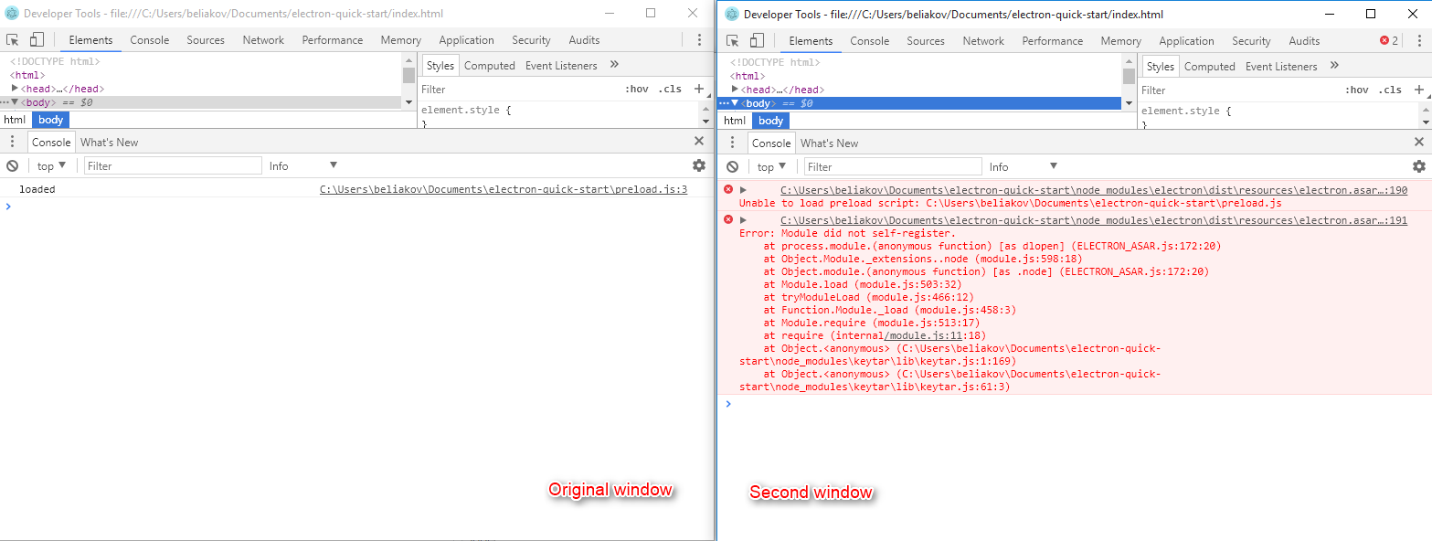 Native dependency inside preload does not work inside second window opened through window.open ...