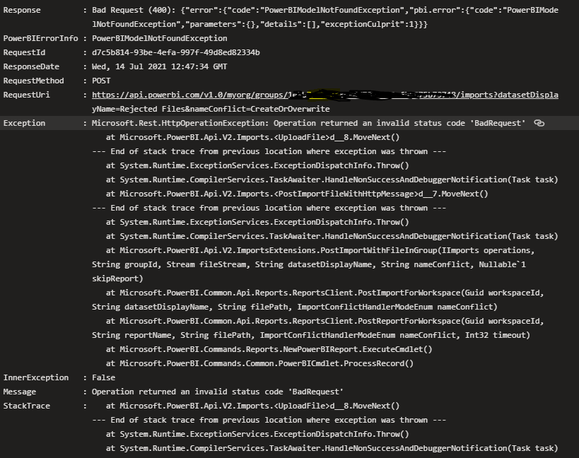 New-PowerBIReport : Operation returned an invalid status code 'BadRequest' - Azure Pipeline CI ...