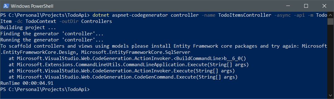 Scaffolding controller fails without SQL Server package · Issue #1276 · dotnet/Scaffolding · GitHub