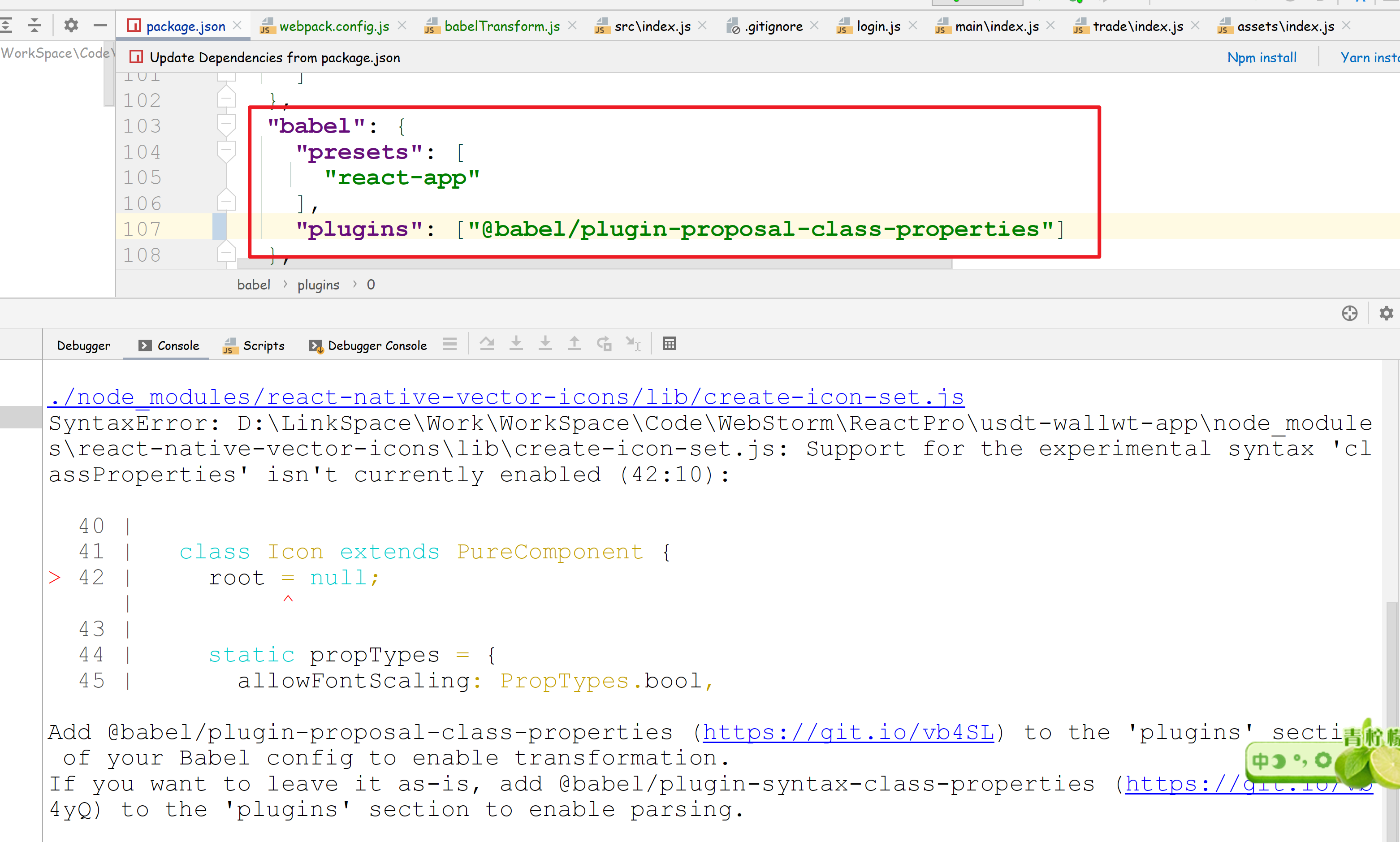 SyntaxError：create-icon-set.js: Support for the experimental syntax 'cl assProperties' isn't ...
