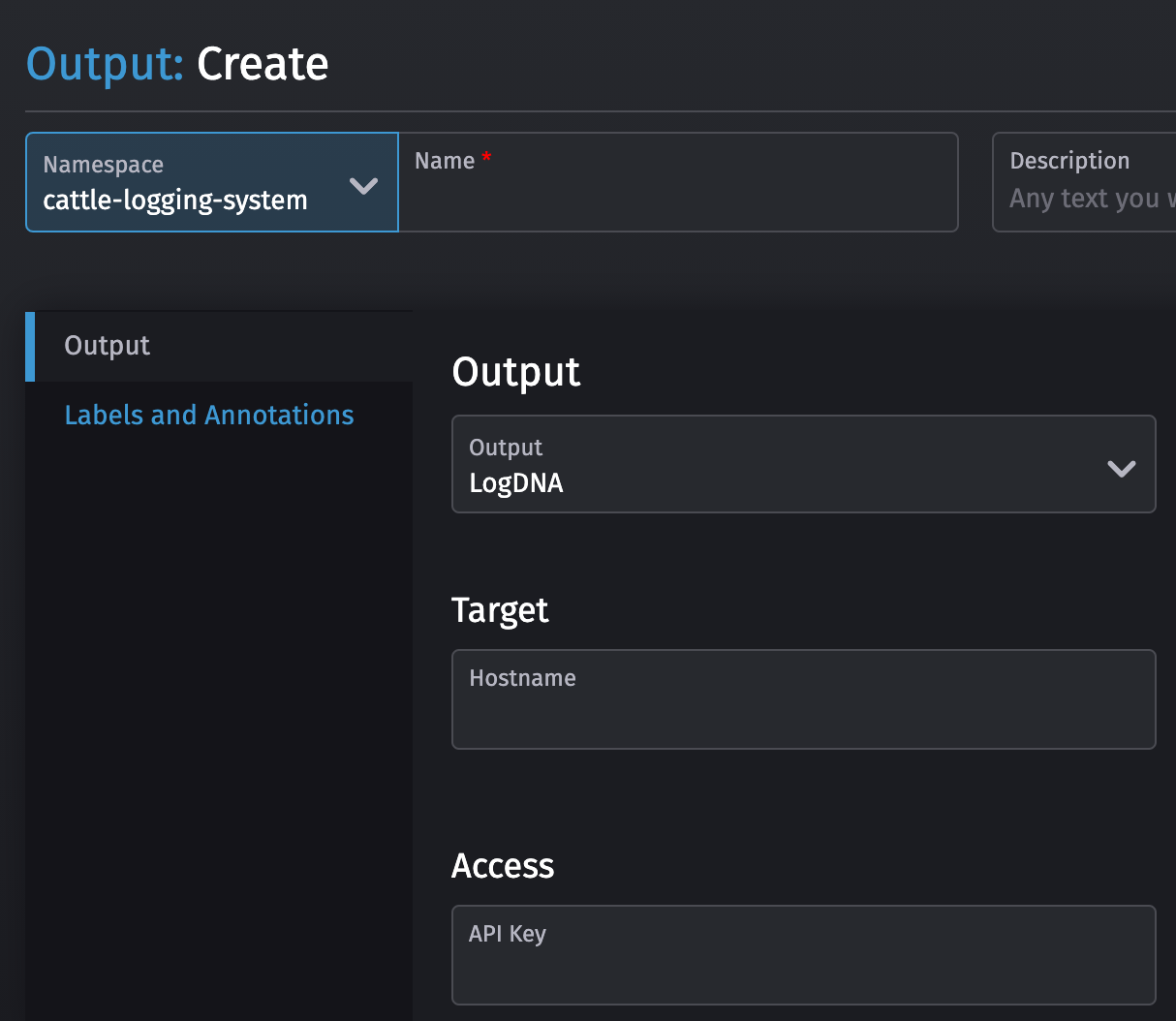 Logging chart - LogDNA api_key field should be a secret selector and mandatory. Output and ...