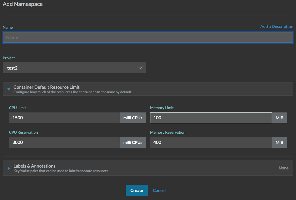 Pre-fill resource limits of Create Namespace UI under Projects that has these values · Issue ...