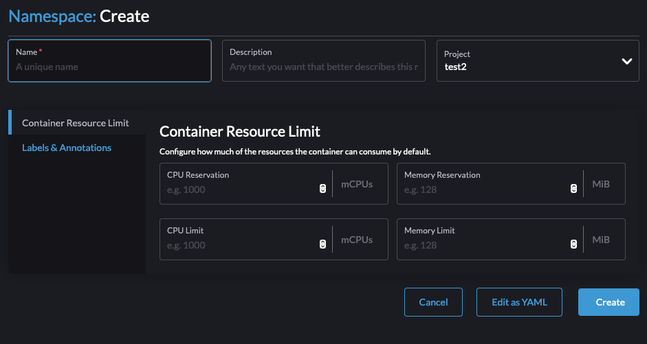 Pre-fill resource limits of Create Namespace UI under Projects that has these values · Issue ...