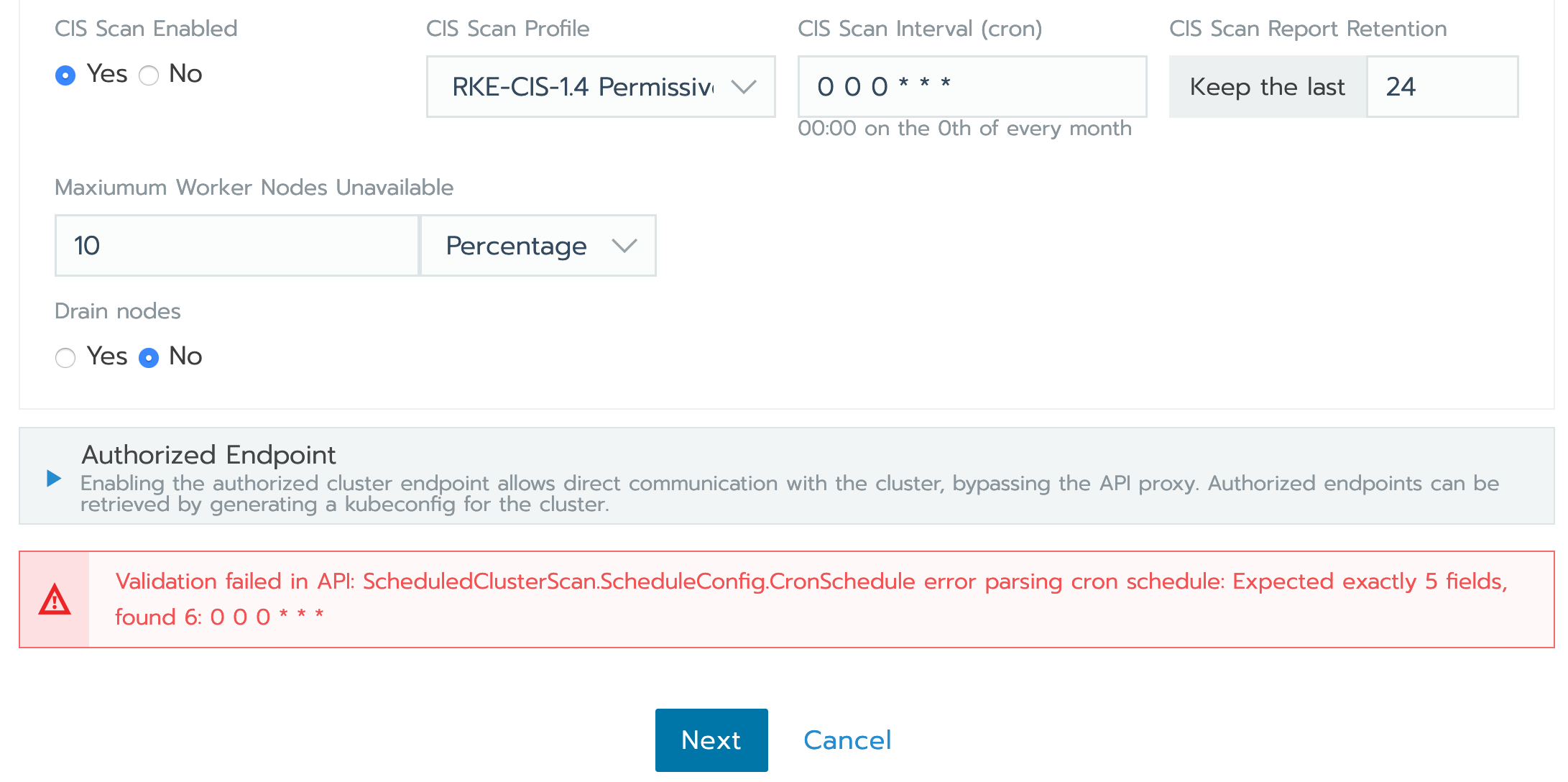 CIS Scan - CIS Scan Interval (cron) field default value has 6 fields while cron uses only 5 ...