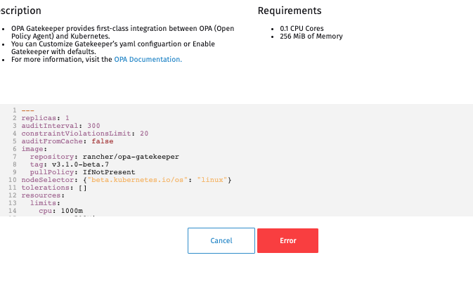 Enable OPA Gatekeeper shows error in Enable button and never refresh and works after manual ...