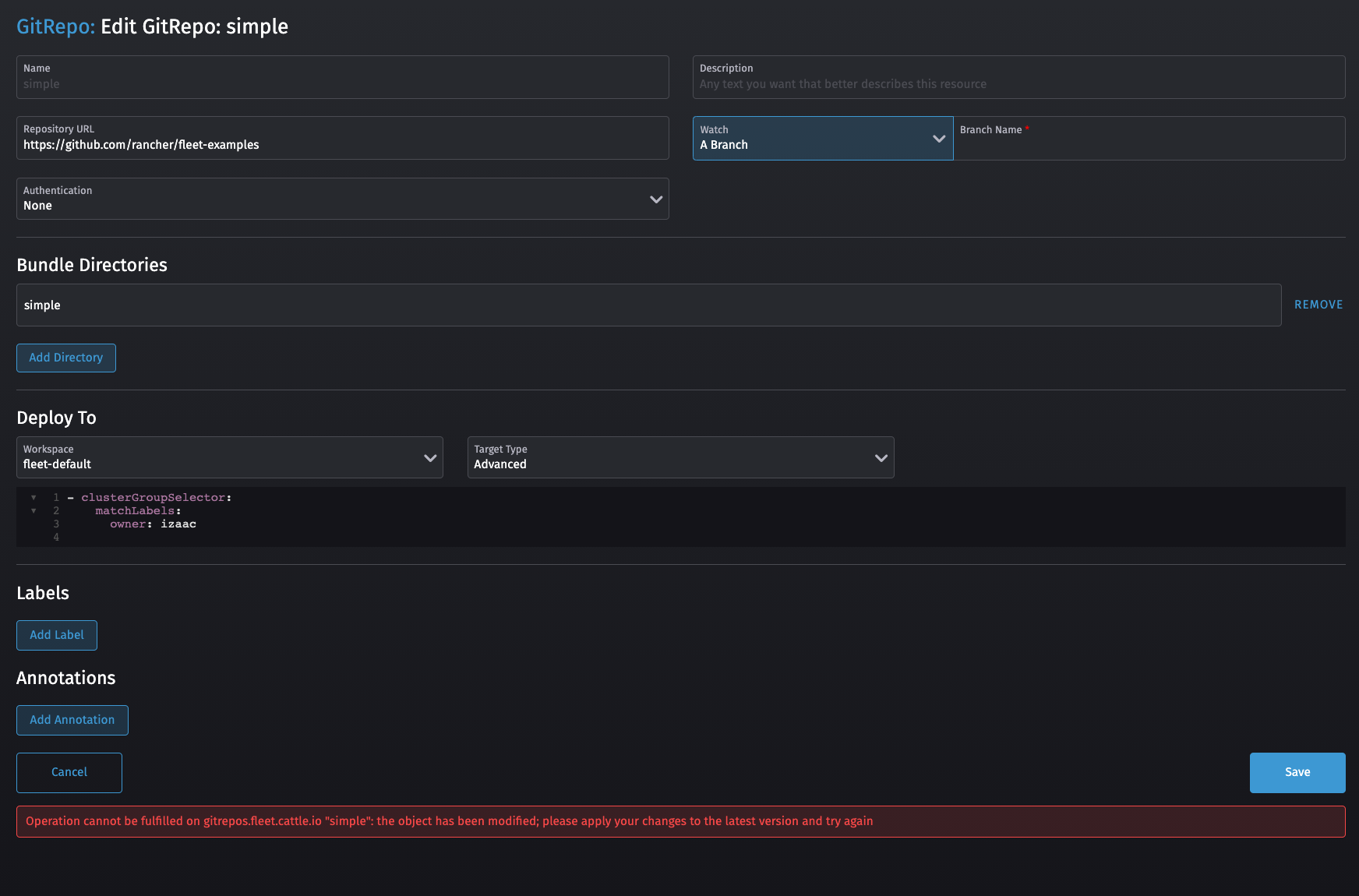Fleet - Error when editing gitrepos.fleet.cattle.io the object has been modified; please apply ...