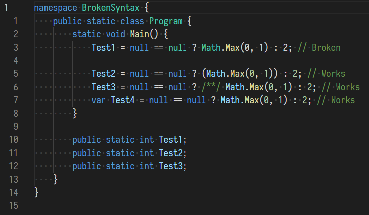 C# Ternary condition operator breaks color highlighting when first expression has function right ...