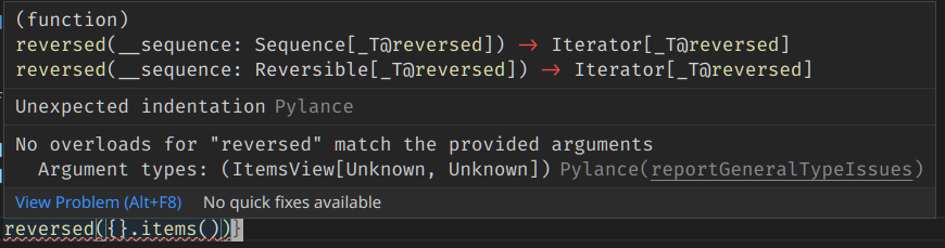 No overloads for "reversed" on ItemsView · Issue #1768 · microsoft/pyright · GitHub
