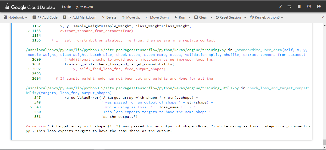 google cloud data lab error : ValueError: A target array with shape (1, 3) was passed for an ...