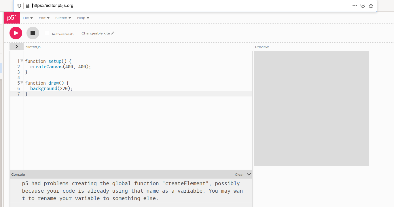 p5.js' web editor gives the "createElement()" error when simply running the default template ...