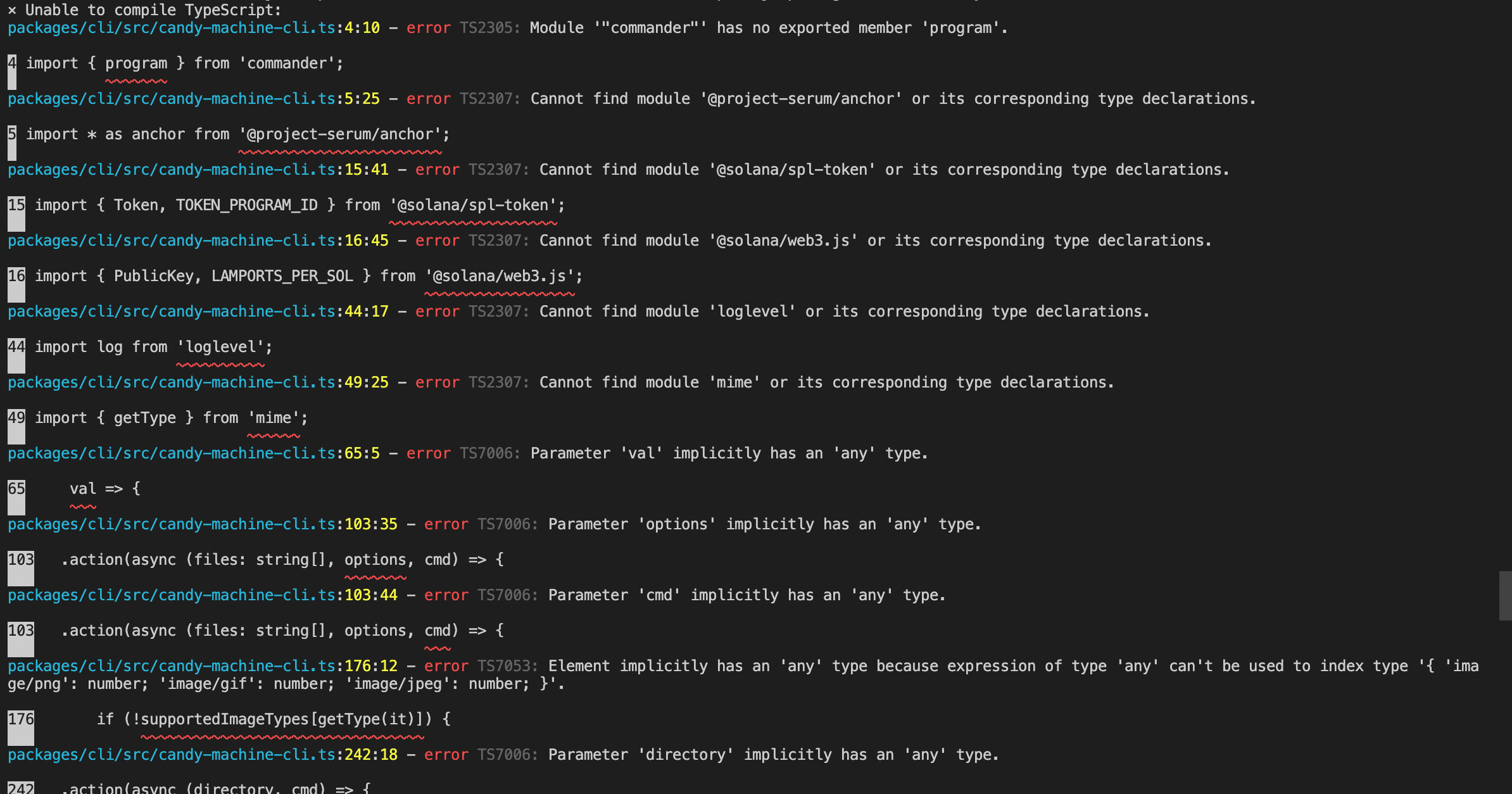 Bunch of errors when trying to get help options for candy-machine-cli ...