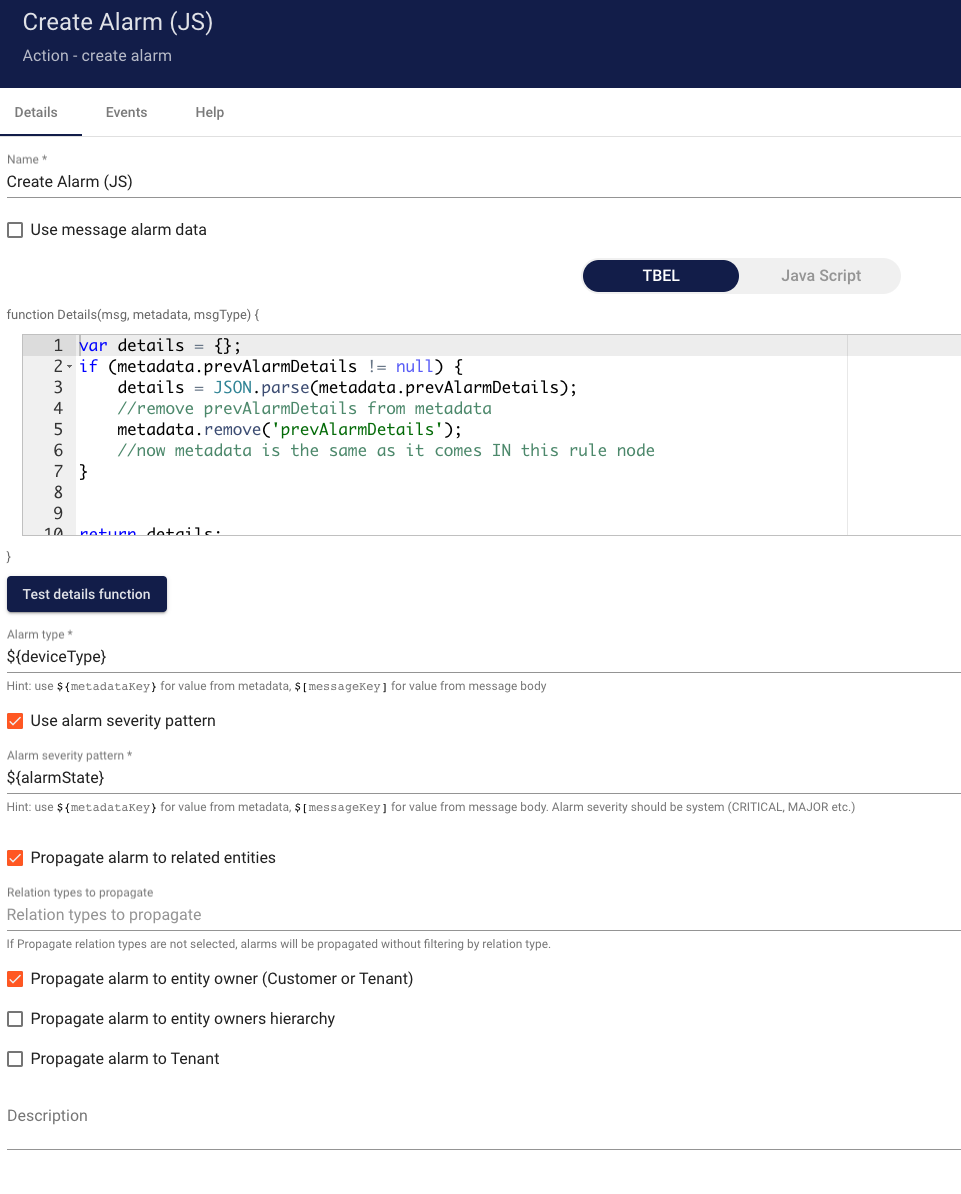 [Bug] Action Node in Rule Chain "Create Alarm" not updating alarm when using TBEL default code ...