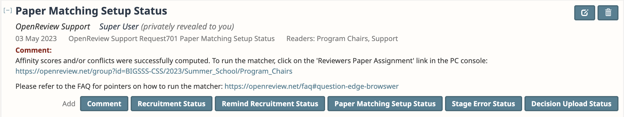 Paper Matching Setup Status: update message · Issue #1671 · openreview/openreview-py · GitHub