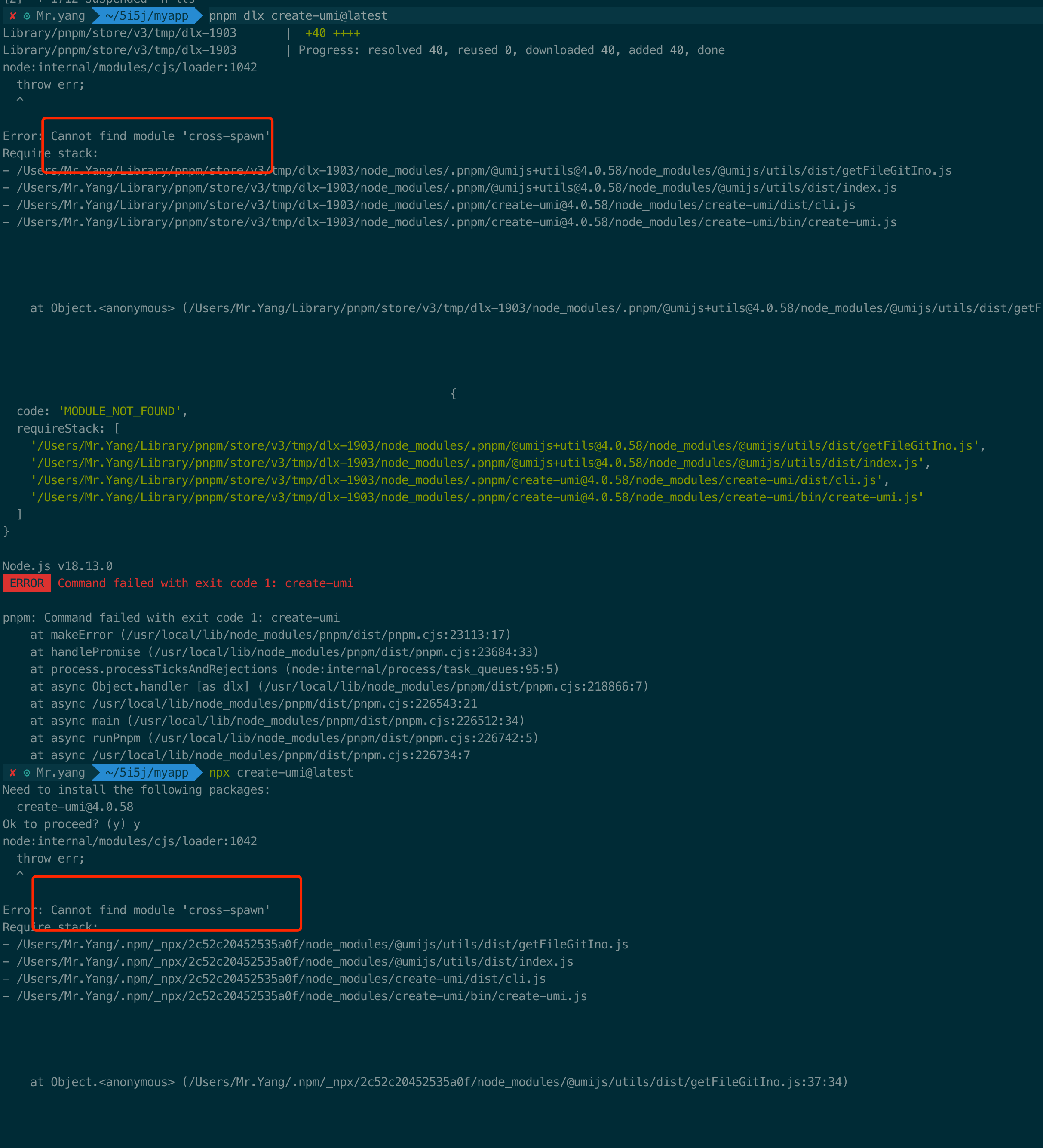 [Bug] 初始化项目提示Cannot find module 'cross-spawn'! · Issue #10758 · umijs/umi · GitHub