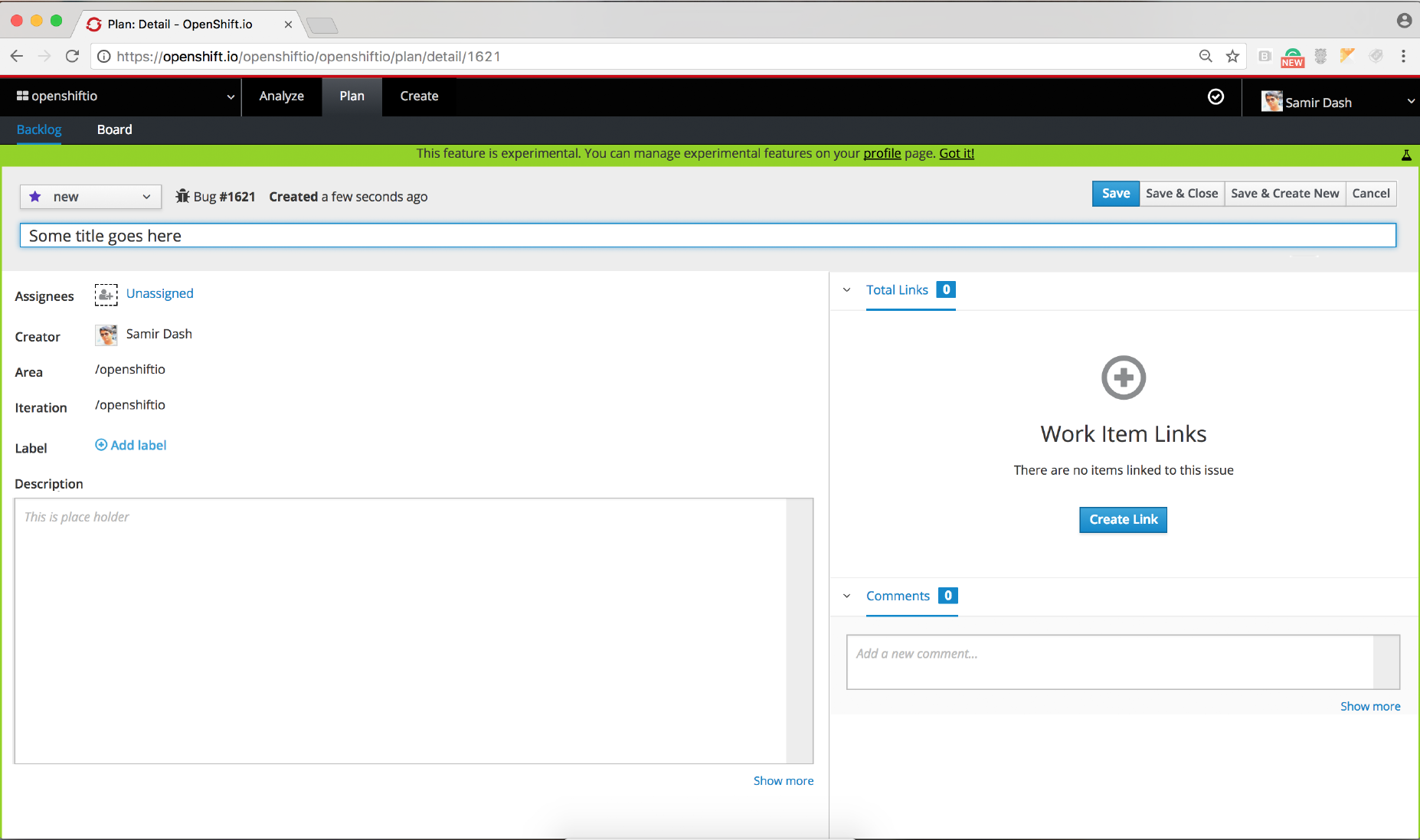 [Proposed] Improvement to new work item experience · Issue #1225 · openshiftio/openshift.io · GitHub