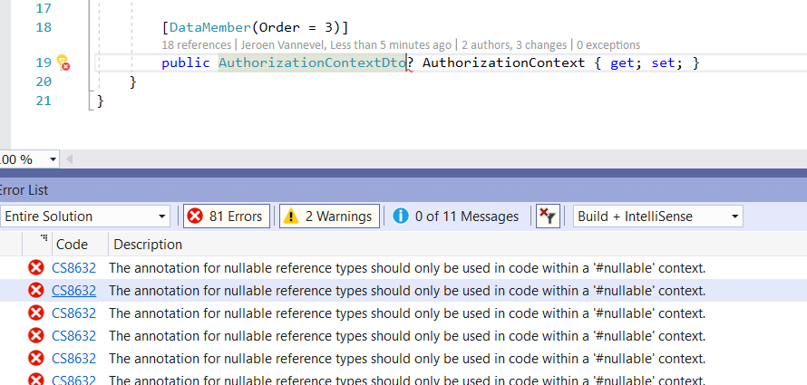 Nullable Warning Reported In Error List With Buildintellisense Filter · Issue 31765 · Dotnet